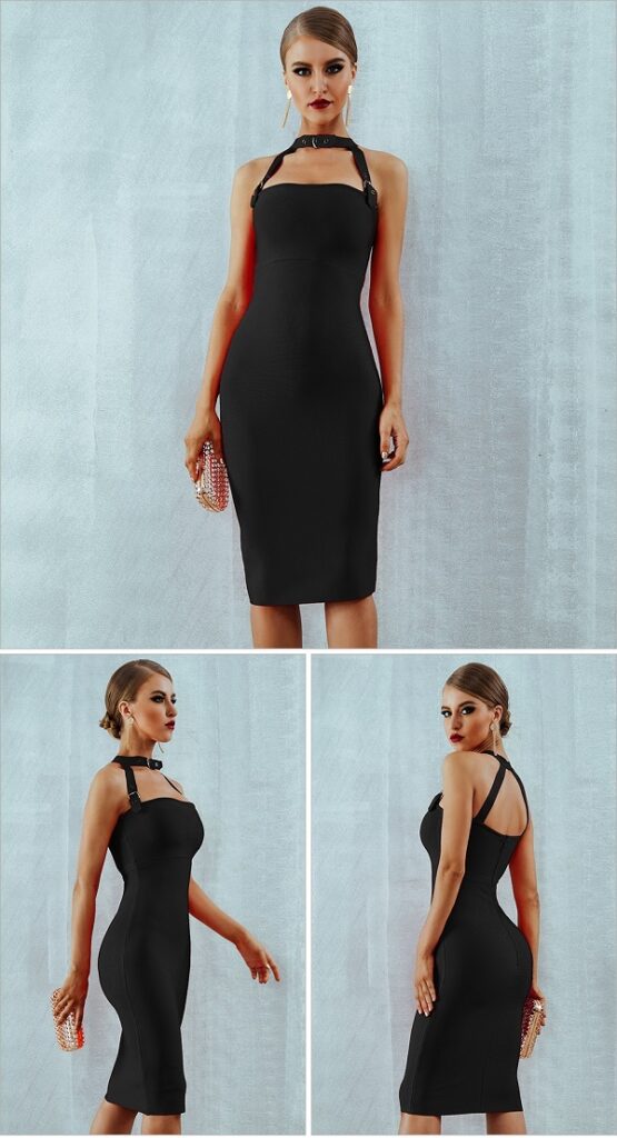 Halter Buckle Backless Womens Knee Length Bandage Dress Bries Jewelry